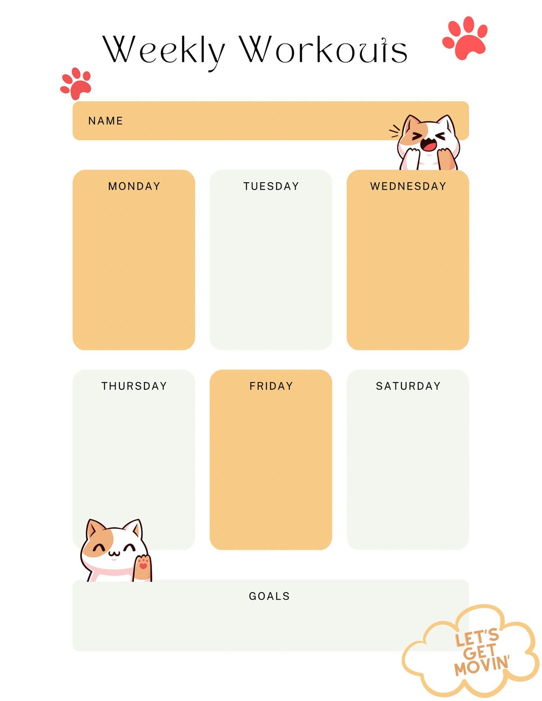Daily Workout Planner Printable, Instant Download, Kawaii Cat, Daily ...
