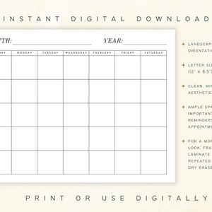 Undated Calendar | Blank Calendar Printable | Digital Calendar Undated ...