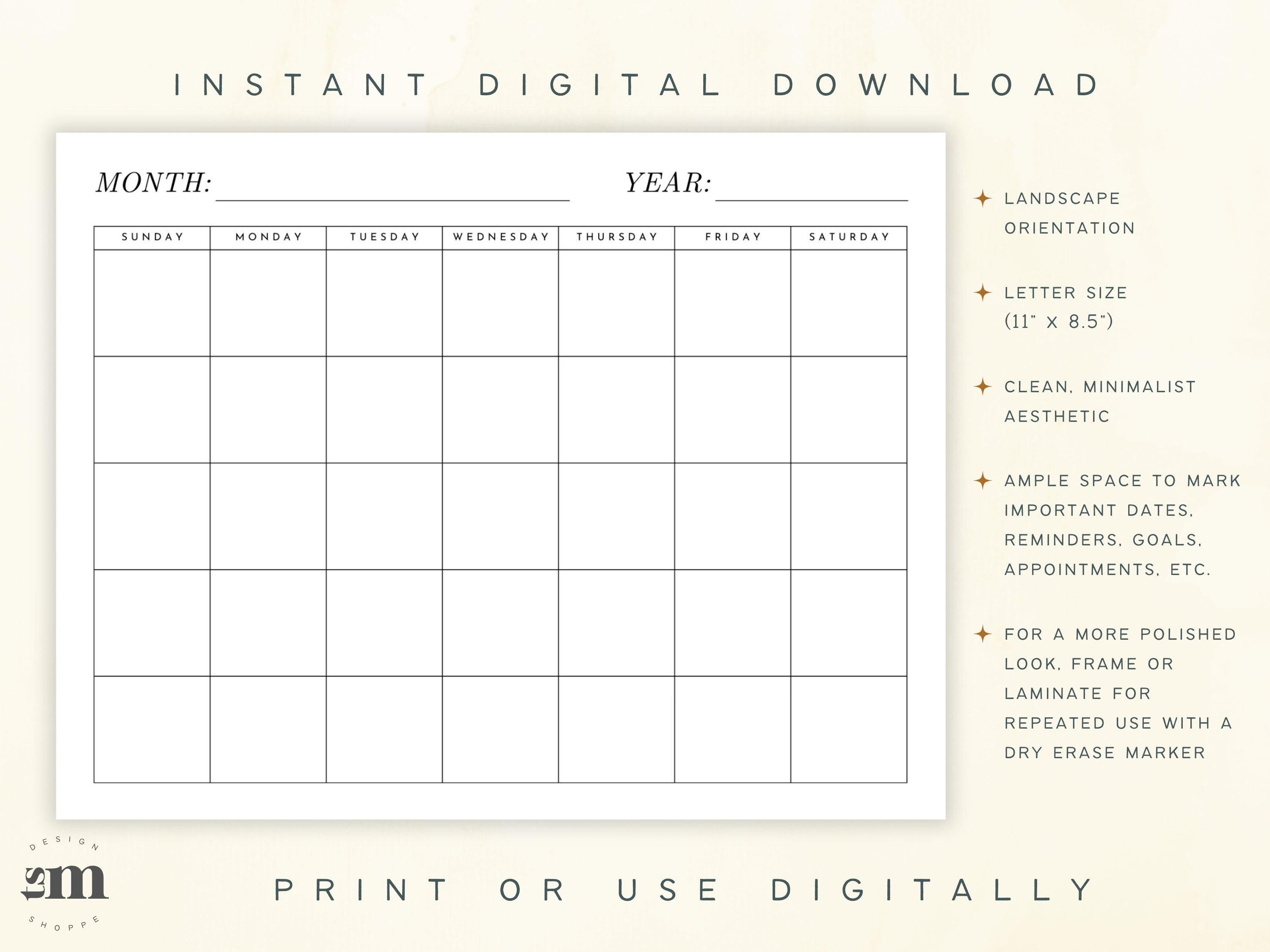 Undated Calendar | Blank Calendar Printable | Digital Calendar Undated ...