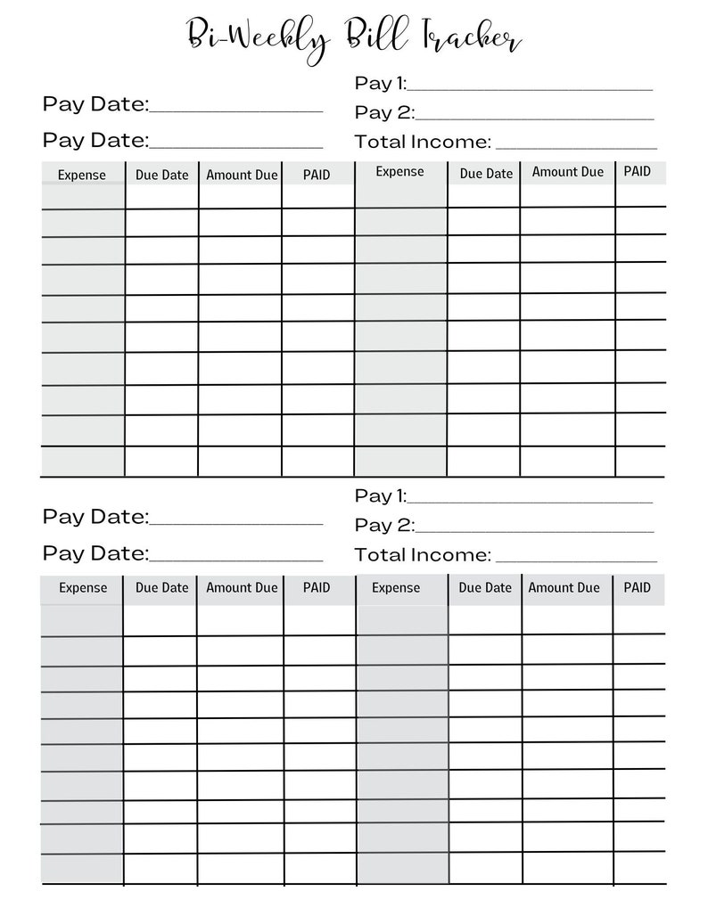 Bi-weekly Bill Tracker Printable/basic Gray Scale - Etsy