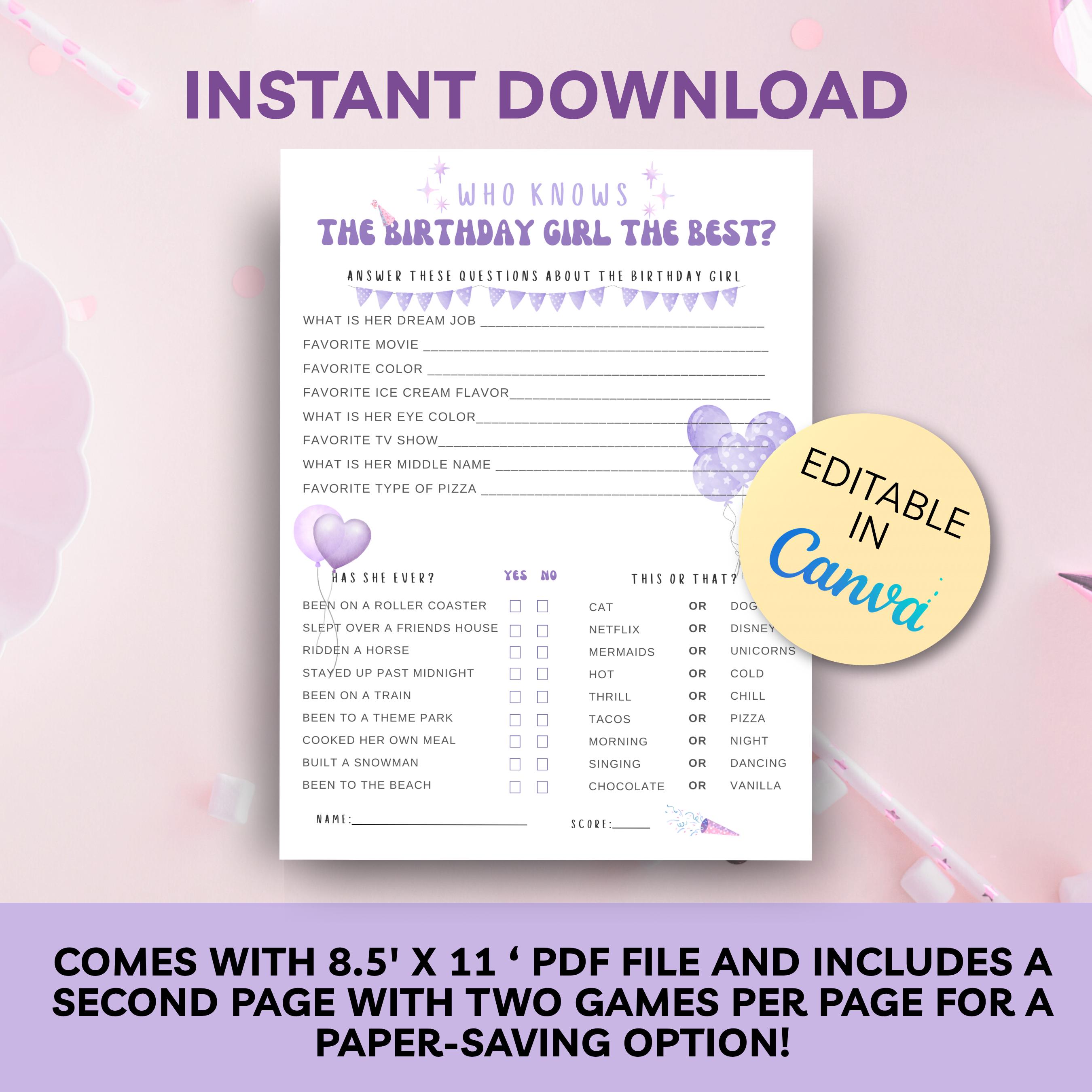 Who Knows the Birthday Girl Best, Fun & Editable Purple Party Game ...