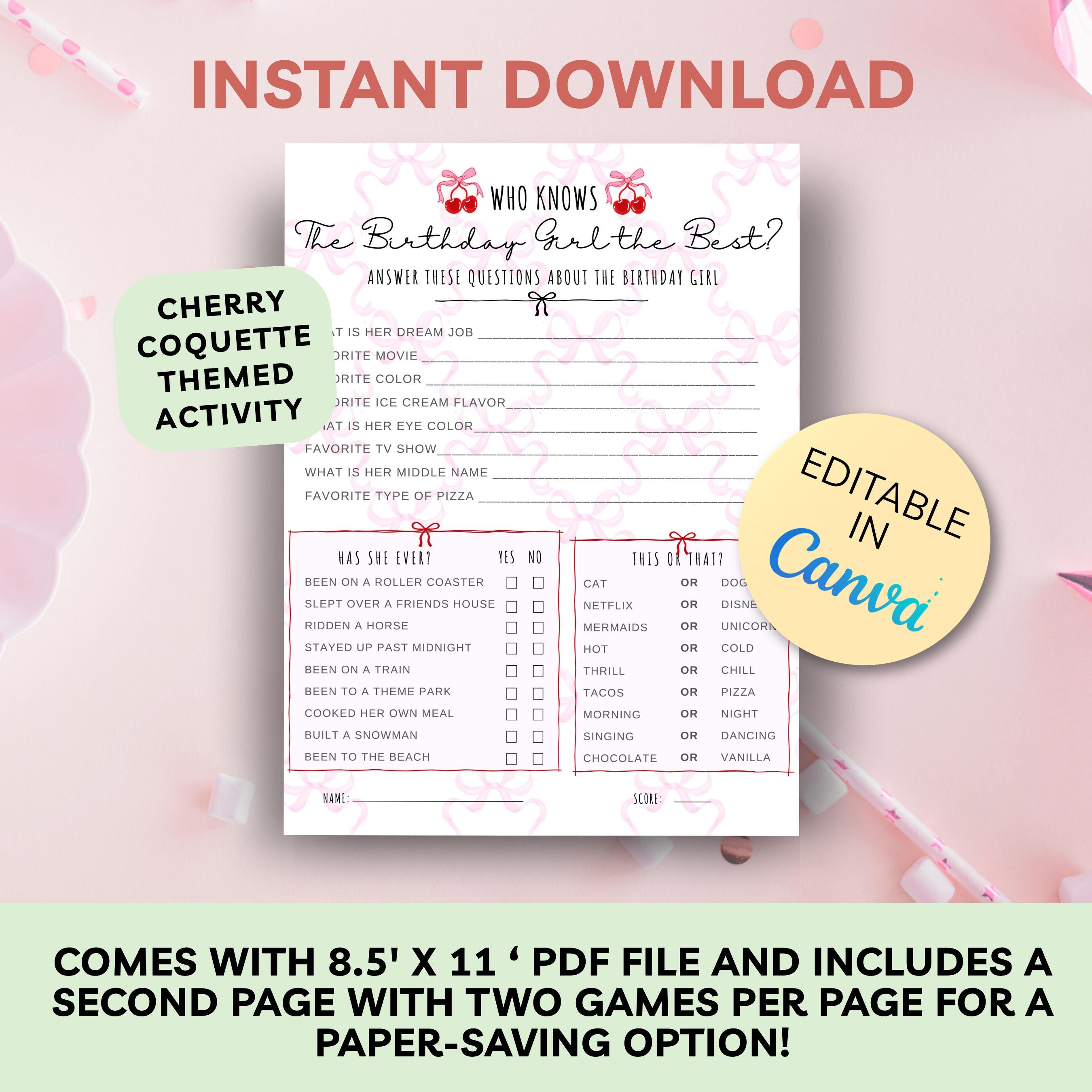Who Knows the Birthday Girl Best, Fun & Editable Pink Party Game ...