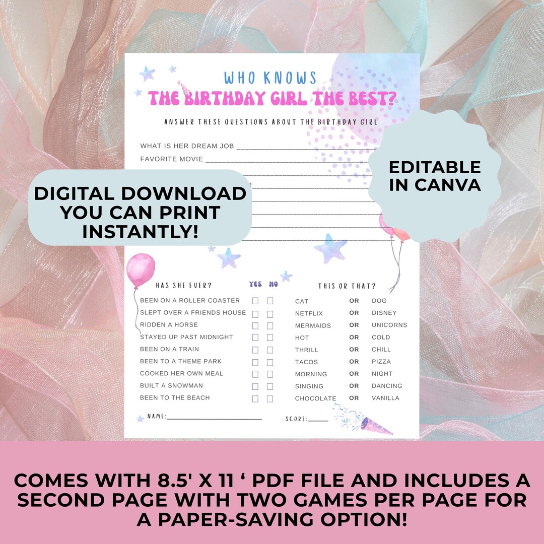 Who Knows the Birthday Girl Best, Fun & Editable Pink Party Game ...