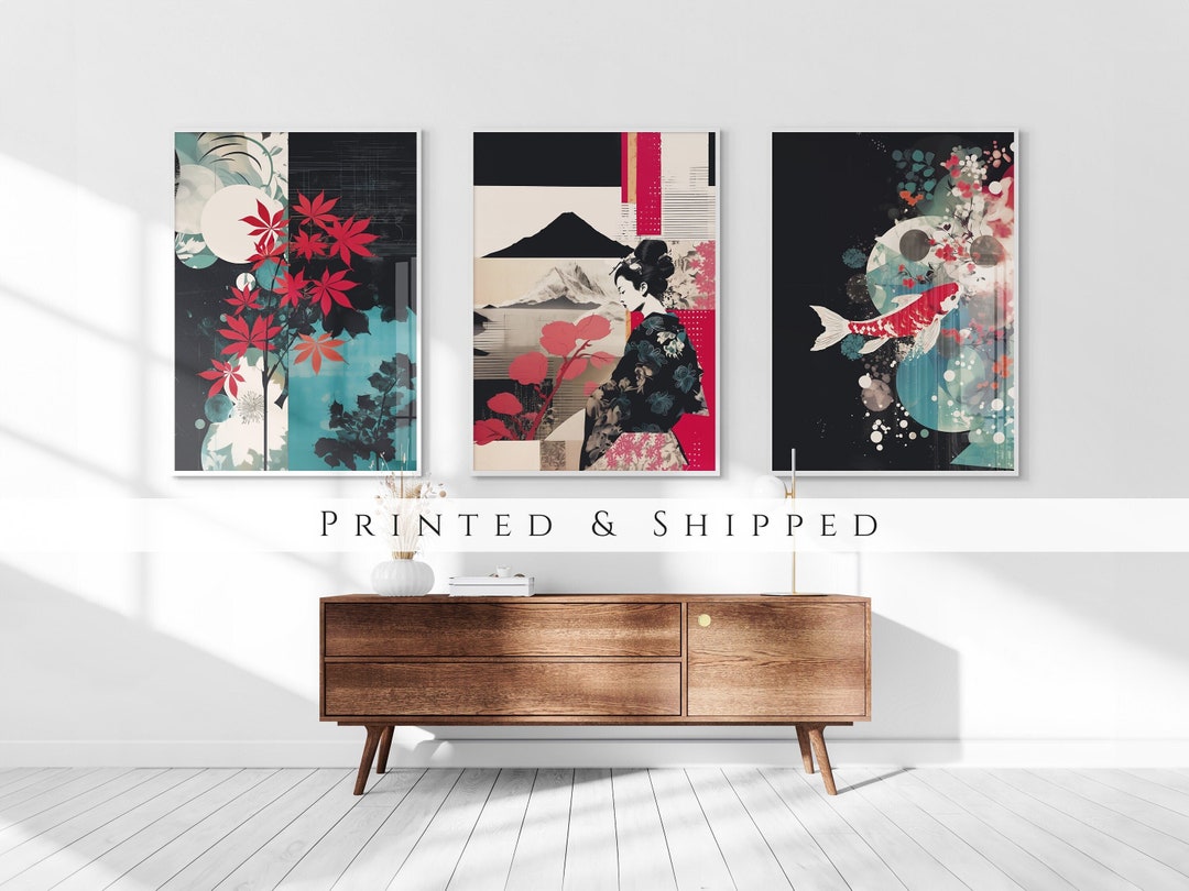Japanese Koi Fish Mount Fuji Collage Set of 3 Prints, Abstract Wall Art ...