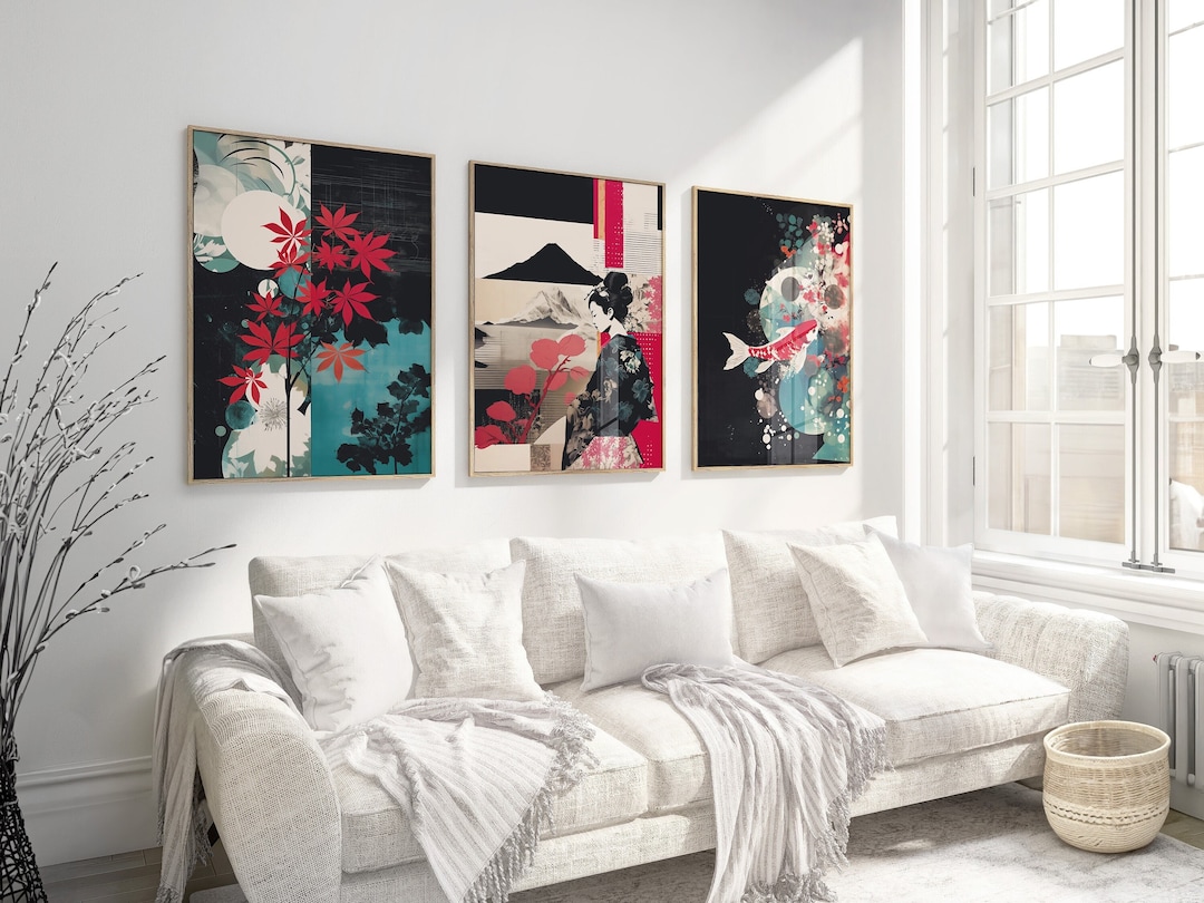 Japanese Koi Fish Mount Fuji Collage Printable Set of 3, Ukiyo-e Wall ...