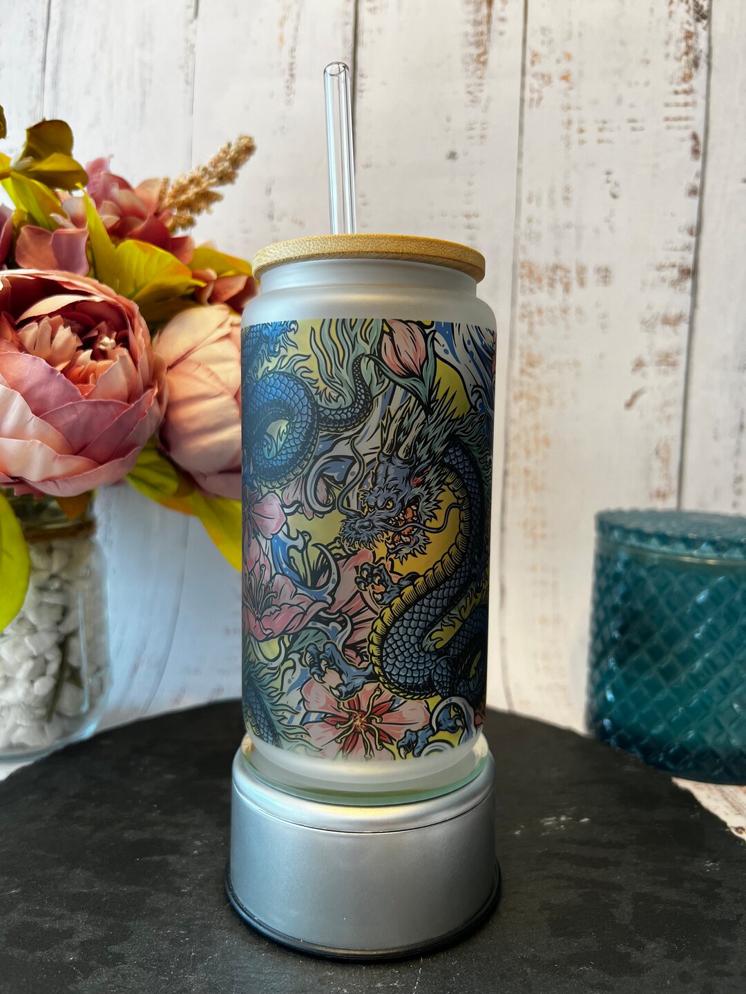 Dragon 16 Oz Frosted Glass Can With Bamboo Lid and Straw - Etsy