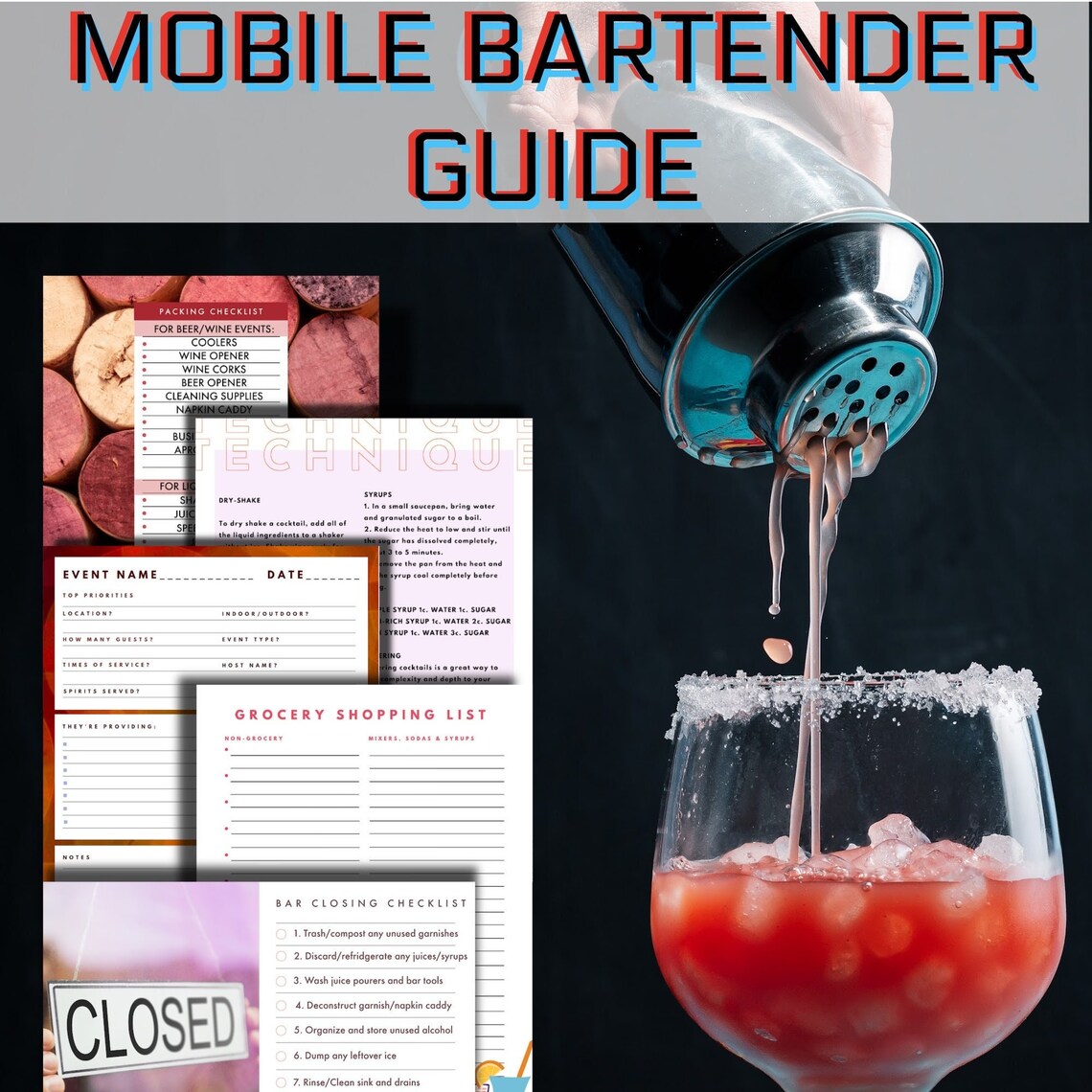 Printable Guide and Organizer for Bartenders Mobile Bartenders With Checklist, Shopping List ...