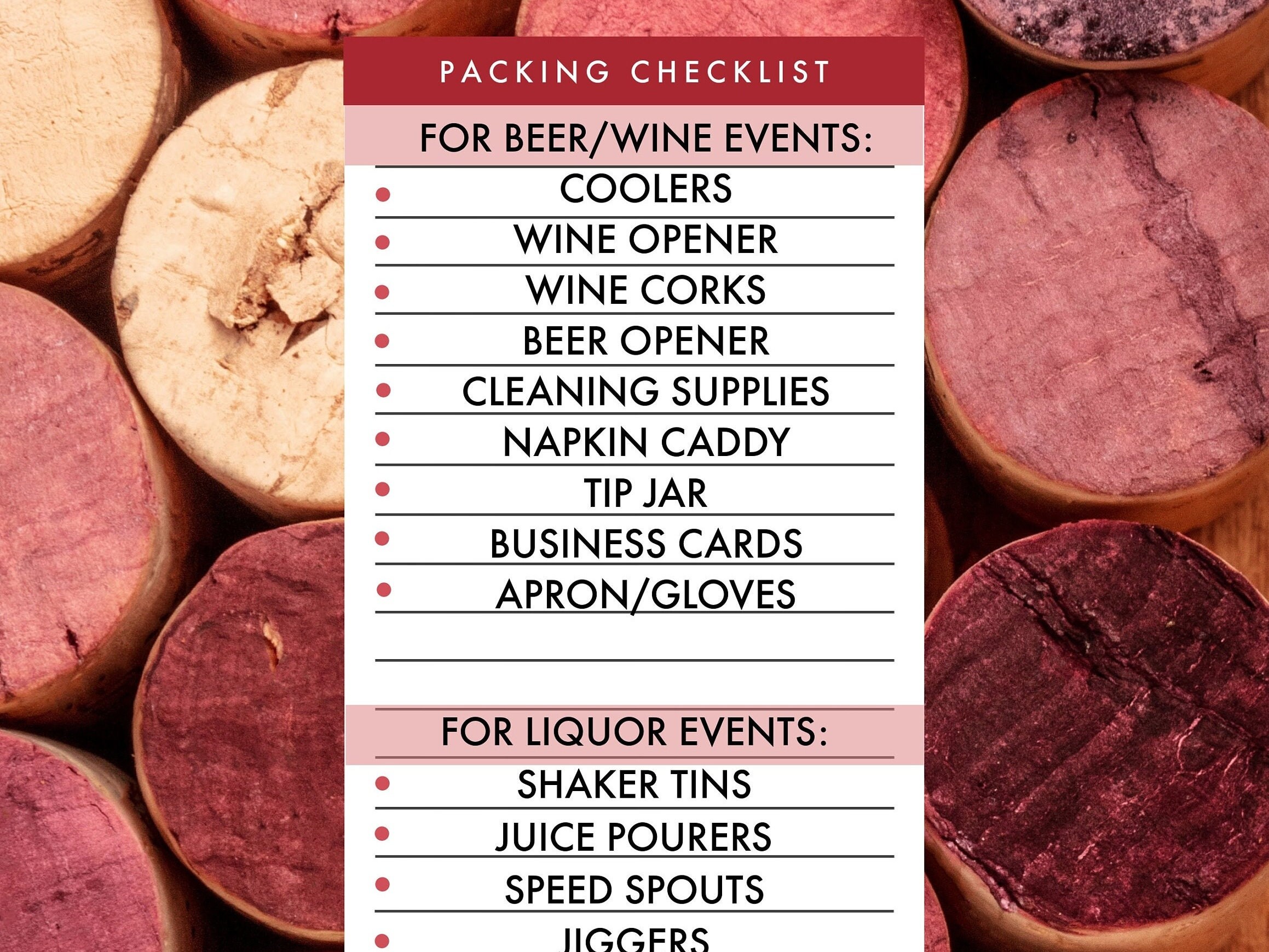 Printable Guide and Organizer for Bartenders Mobile Bartenders With Checklist, Shopping List ...