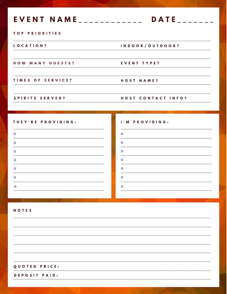 Printable Guide and Organizer for Bartenders Mobile Bartenders With ...