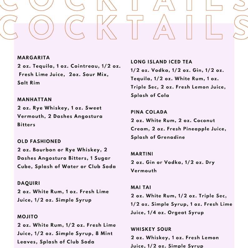 Printable Guide and Organizer for Bartenders Mobile Bartenders With ...