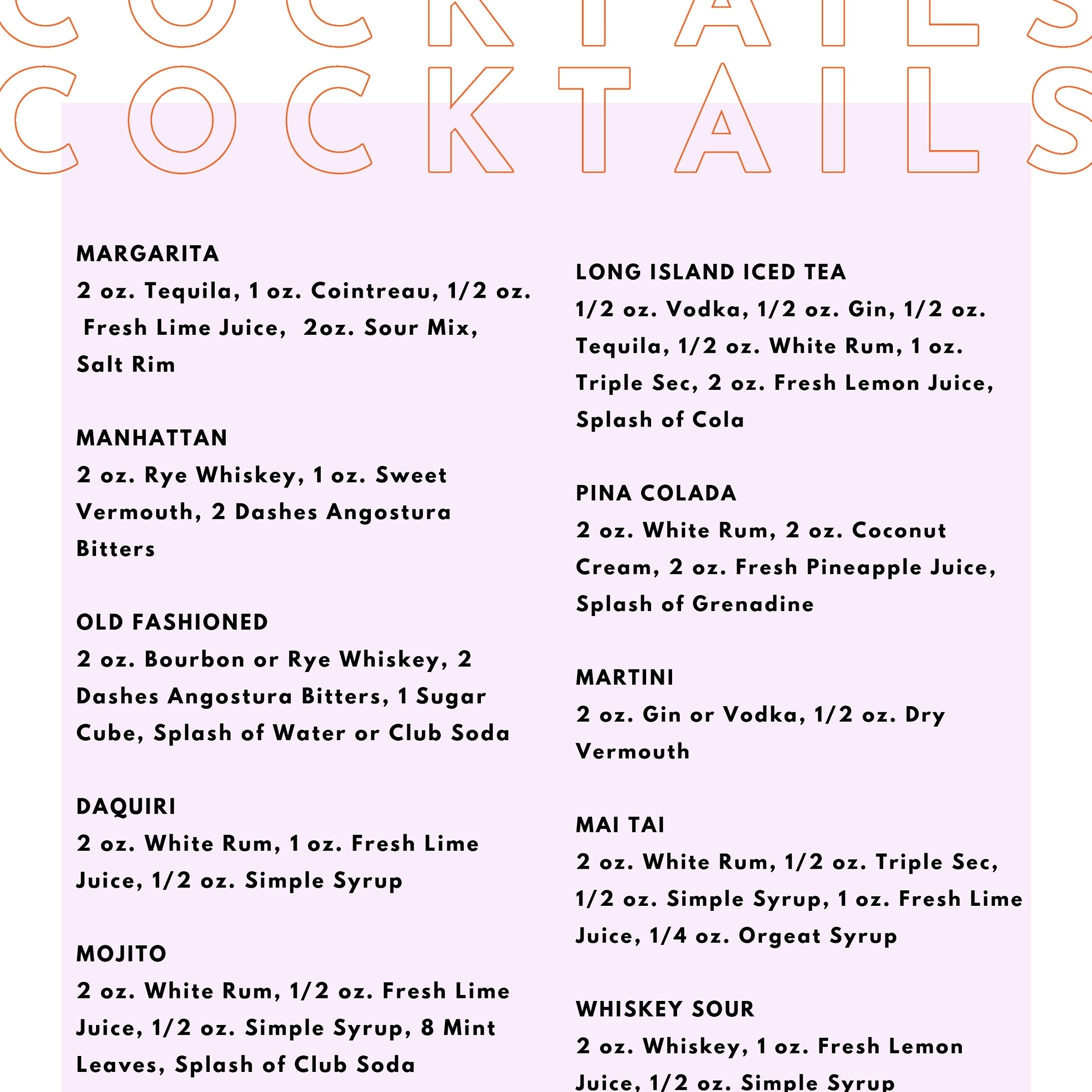 Printable Guide and Organizer for Bartenders Mobile Bartenders With Checklist, Shopping List ...