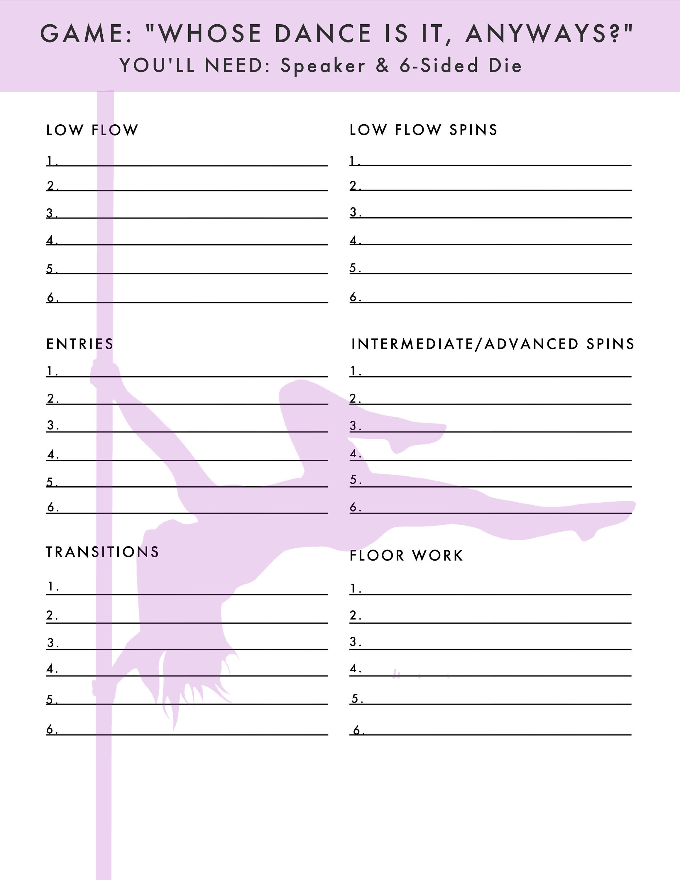 Printable Pole Dance Party Games for Pole Fitness Instructors Teachers ...