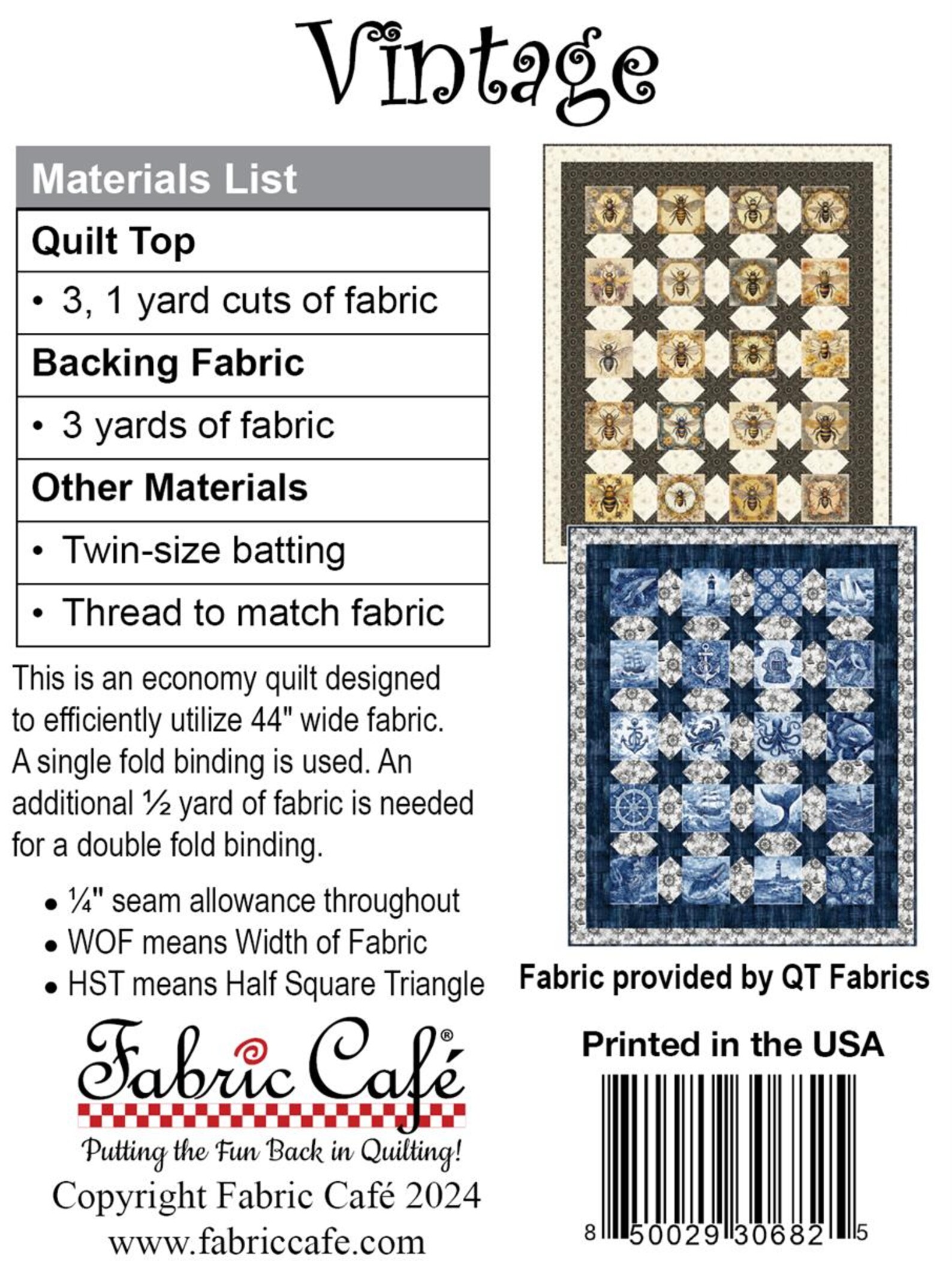 Fabric Café ~ Vintage Quilt Pattern – 3 Yard Quilt Pattern #092403 ...