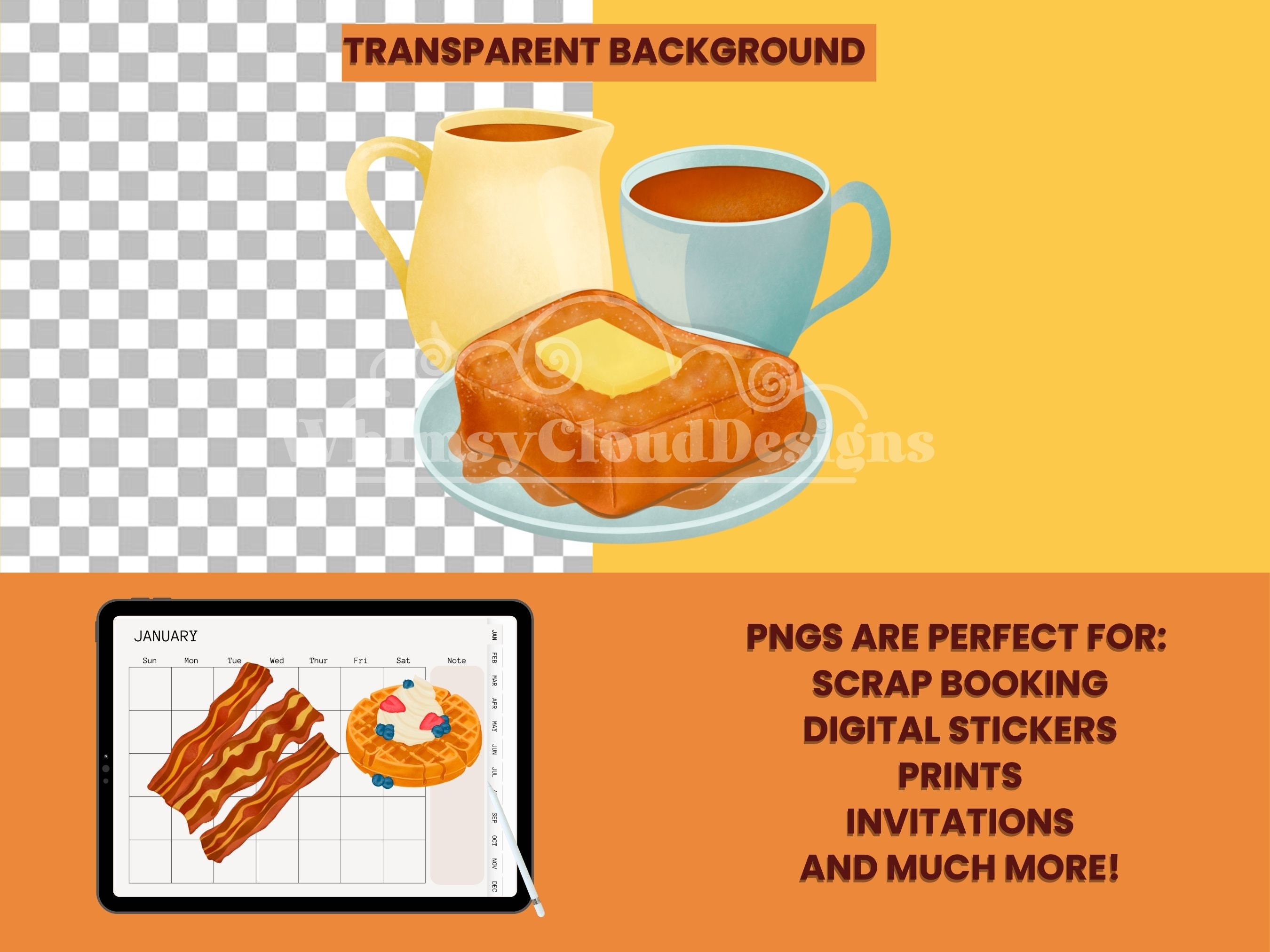 Breakfast Clipart Set - Handmade-png Clipart Set-eggs and Bacon-waffles ...