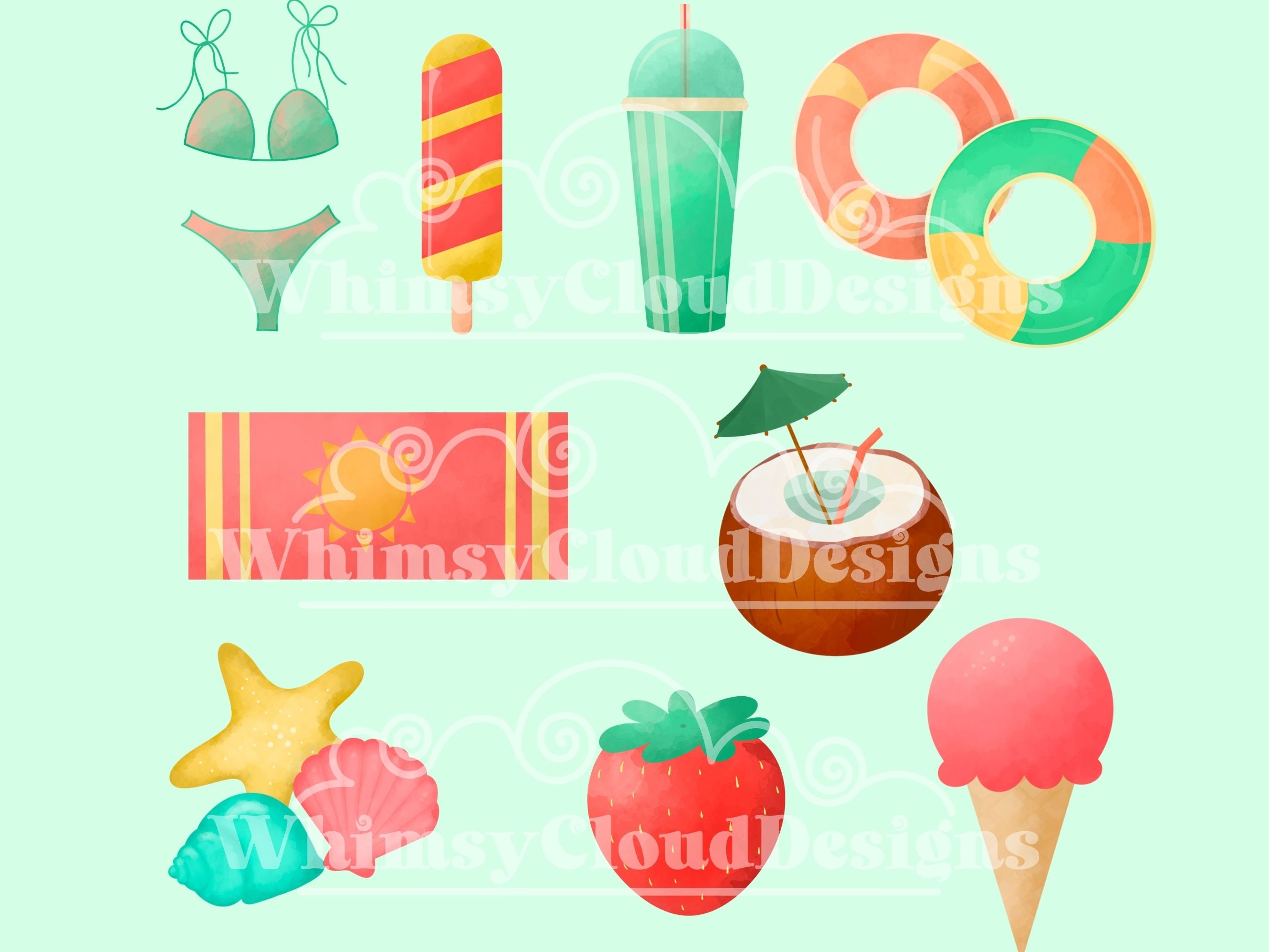 Summer Watercolor PNG Clipart Set-handmade-vacation Clipart-ice Cream ...