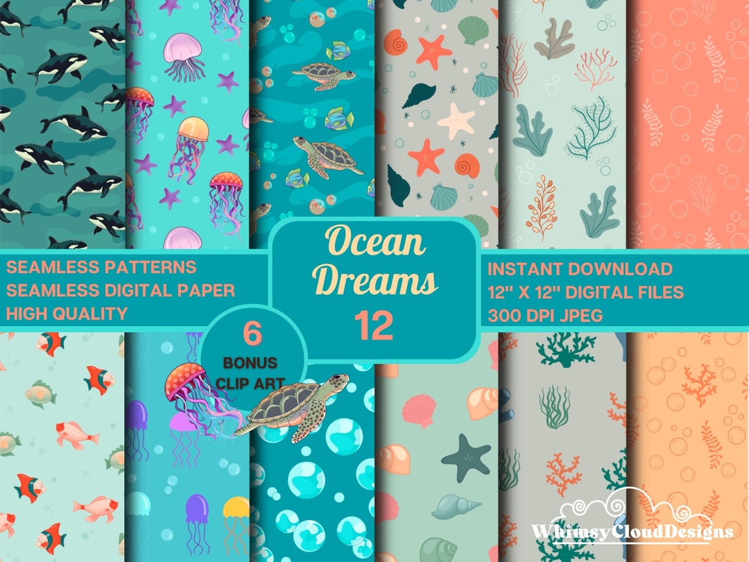 Ocean Themed Digital Seamless Digital Paper Pack-hand-drawn-repeating ...