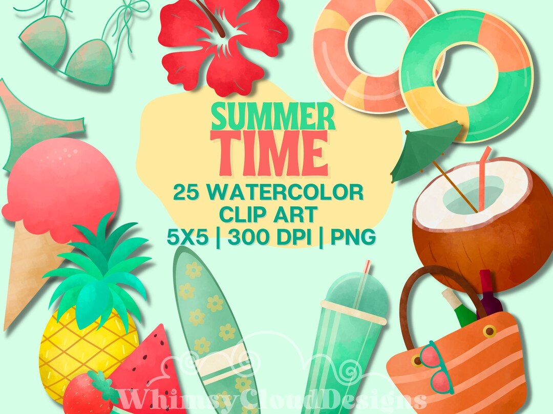 Summer Watercolor PNG Clipart Set-handmade-vacation Clipart-ice Cream ...