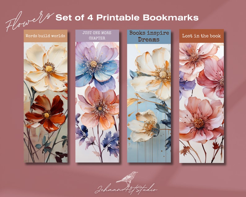 Set of 4 Printable Bookmarks Watercolor and Acrylic Flower Painting 2x6 ...