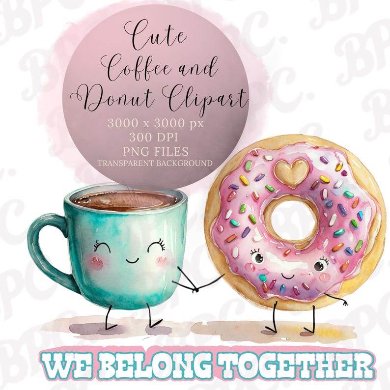 Coffee and Donut Watercolor Clipart, Valentine's Day PNG (digital ...