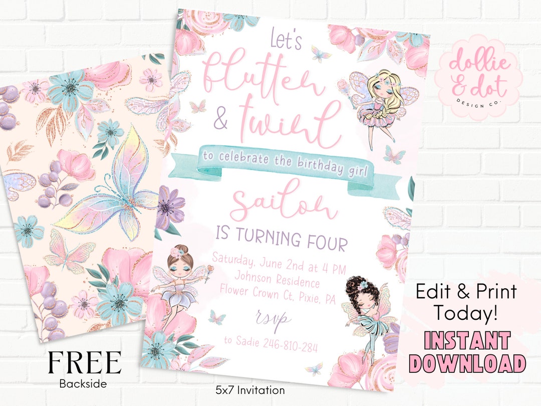 Flutter and Twirl Fairy Birthday Invitation Pink Template - Etsy