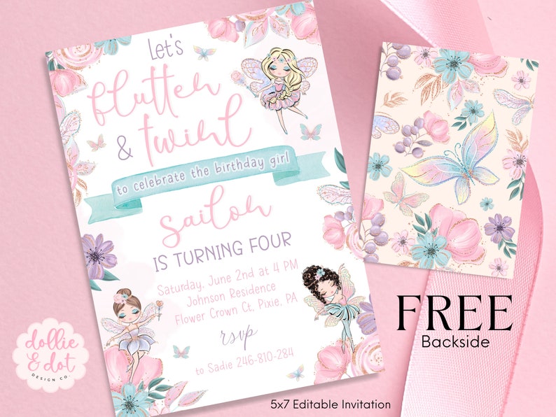 Flutter and Twirl Fairy Birthday Invitation Pink Template - Etsy