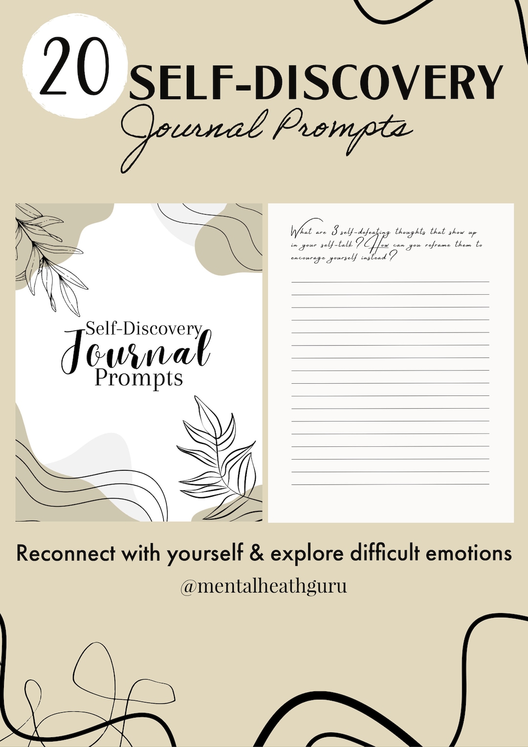 20 Writing Prompts, Self-discovery Journal, Therapy, Downloadable ...