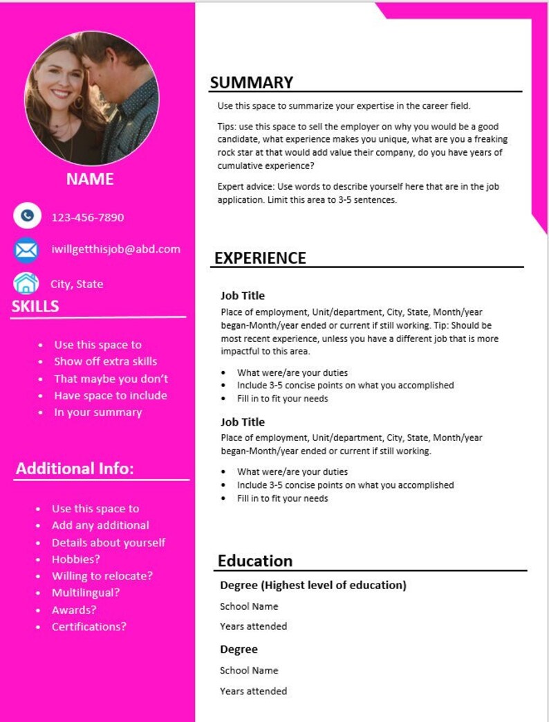 Pop of Pink Resume Template - Etsy