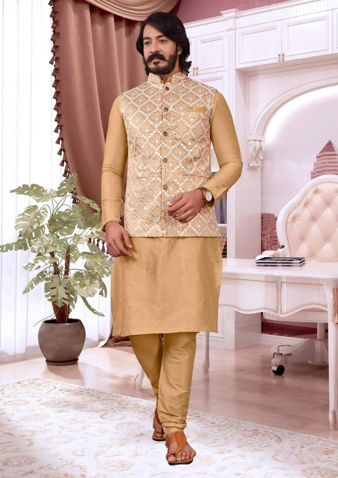 Golden Kurta Pyjama Set With Designer Mirror Work Jacket (koti) and ...