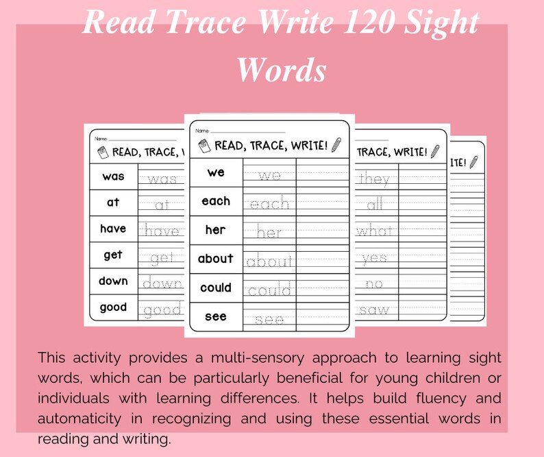 Read Trace Write 120 Sight Words, Phonic Worksheet for Kindergarten ...