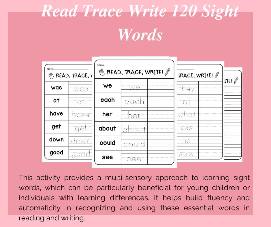 Read Trace Write 120 Sight Words, Phonic Worksheet for Kindergarten ...