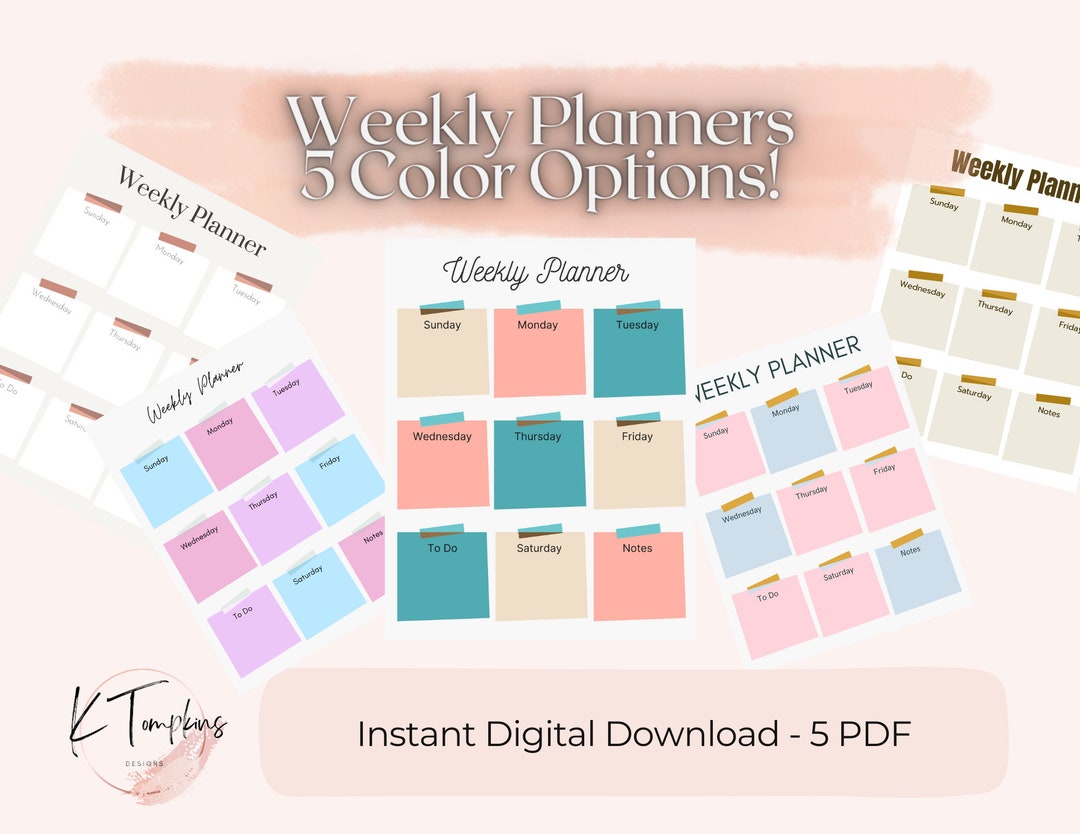 Weekly Planner Printable - 5 Different Colors Included! - Etsy