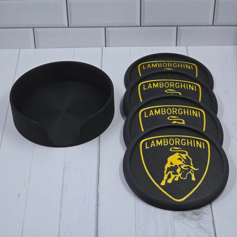 Lamborghini Logo Coaster Set With Carbon Fiber Reinforced Holder Sleek ...