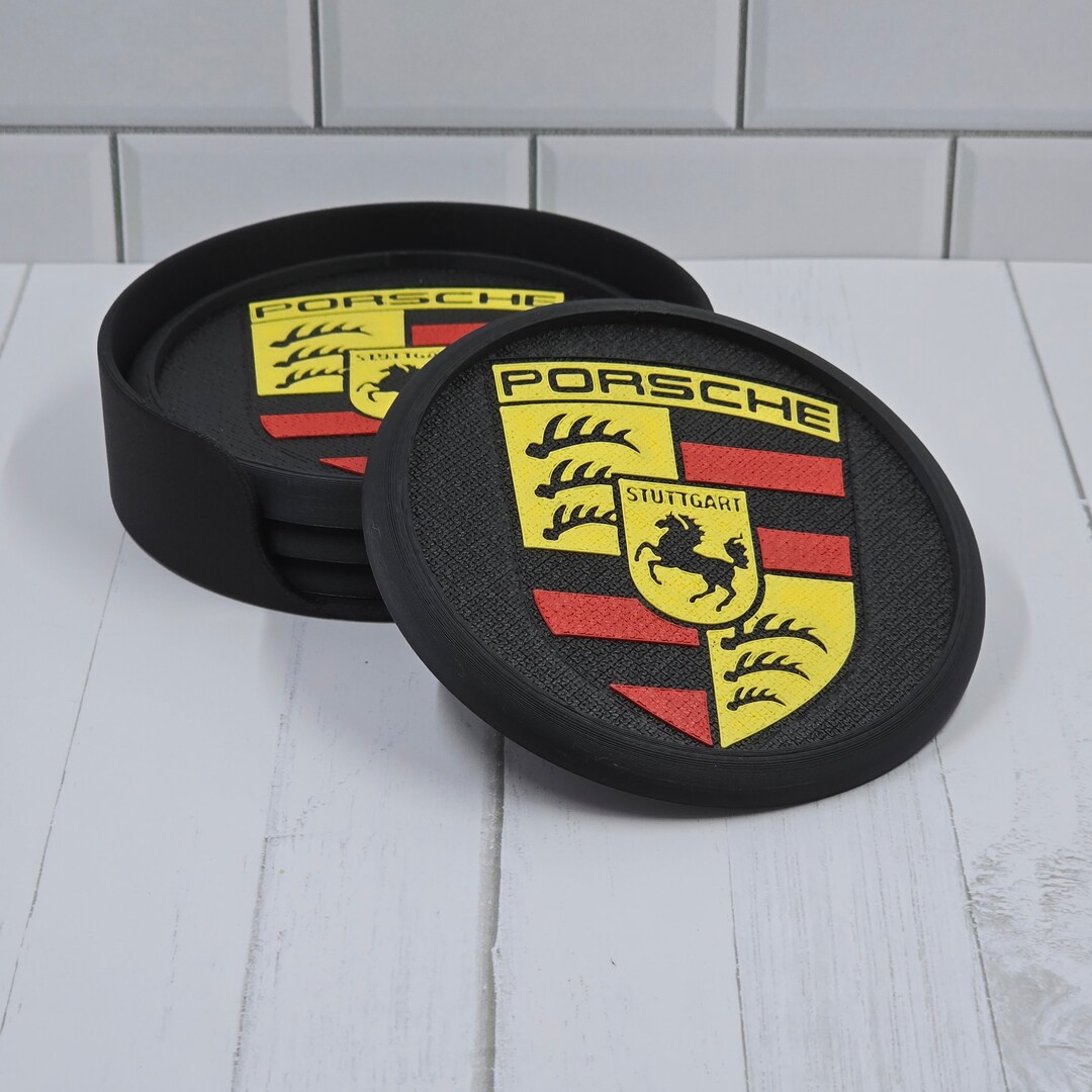 Porsche Logo Coaster Set With Carbon Fiber Reinforced Holder Sleek ...