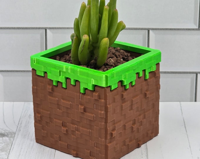 Minecraft Grass Block Planter and Desk Organizer, Minecraft Pen Pencil Holder, Minecraft Pixel ...
