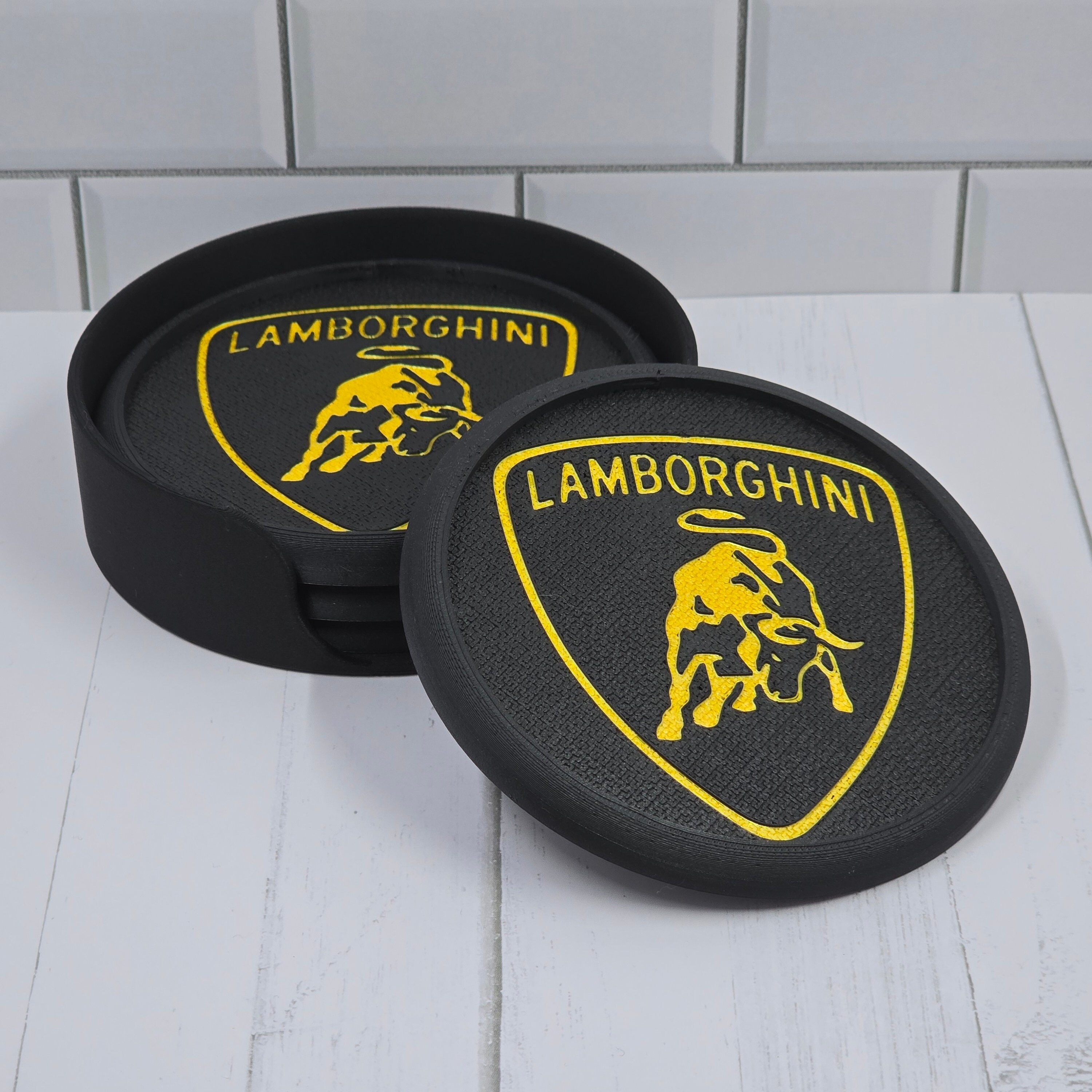 Lamborghini Logo Coaster Set With Carbon Fiber Reinforced Holder Sleek ...