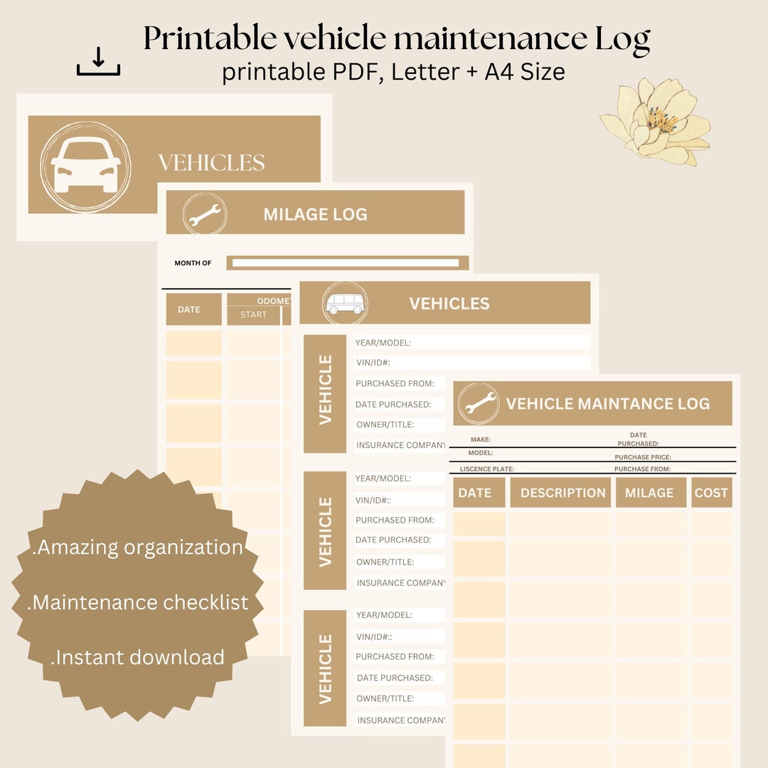 VEHICLE Maintenance Log - Vehicle Milage Log -vehicles, PDF - A4 ...