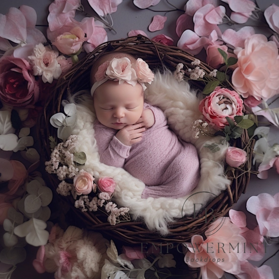 Floral Wicker Basket Newborn Digital Backdrop Girl Prints Instant ...