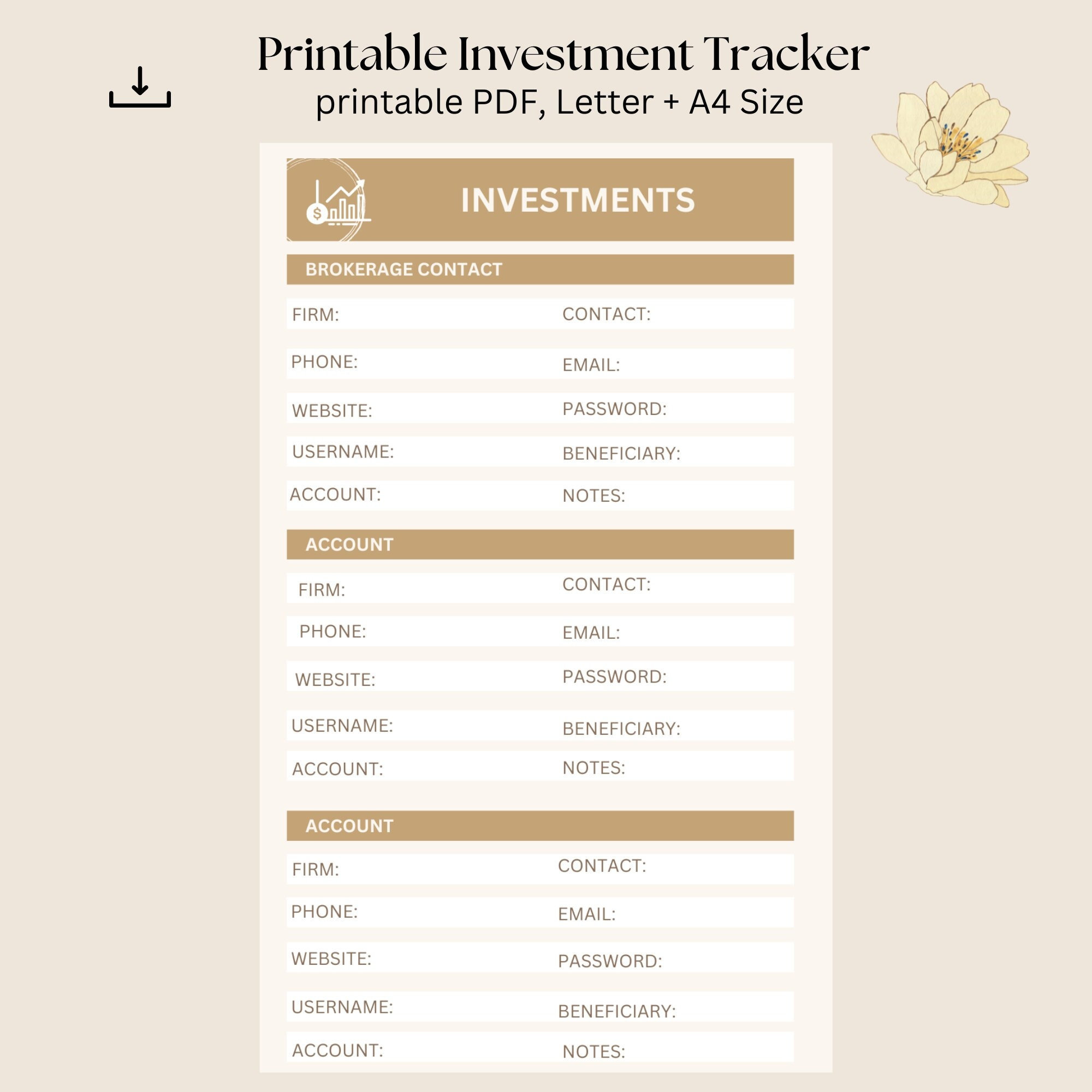 INVESTMENT Tracker Stock Portfolio Spreadsheet Organized Sheets Journal ...