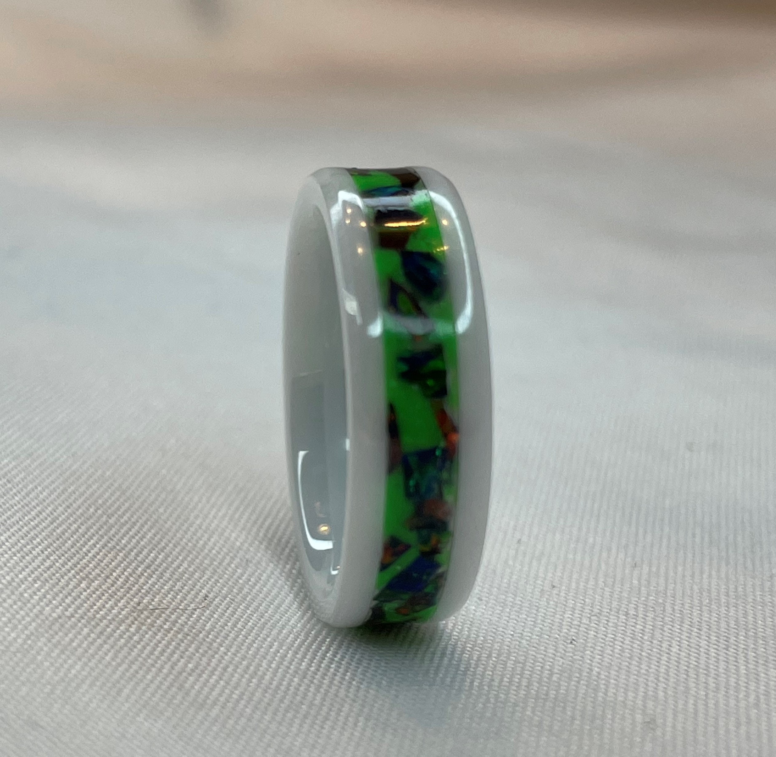 Custom White Ceramic Ring With a Green Inlay Powder That Includes a ...