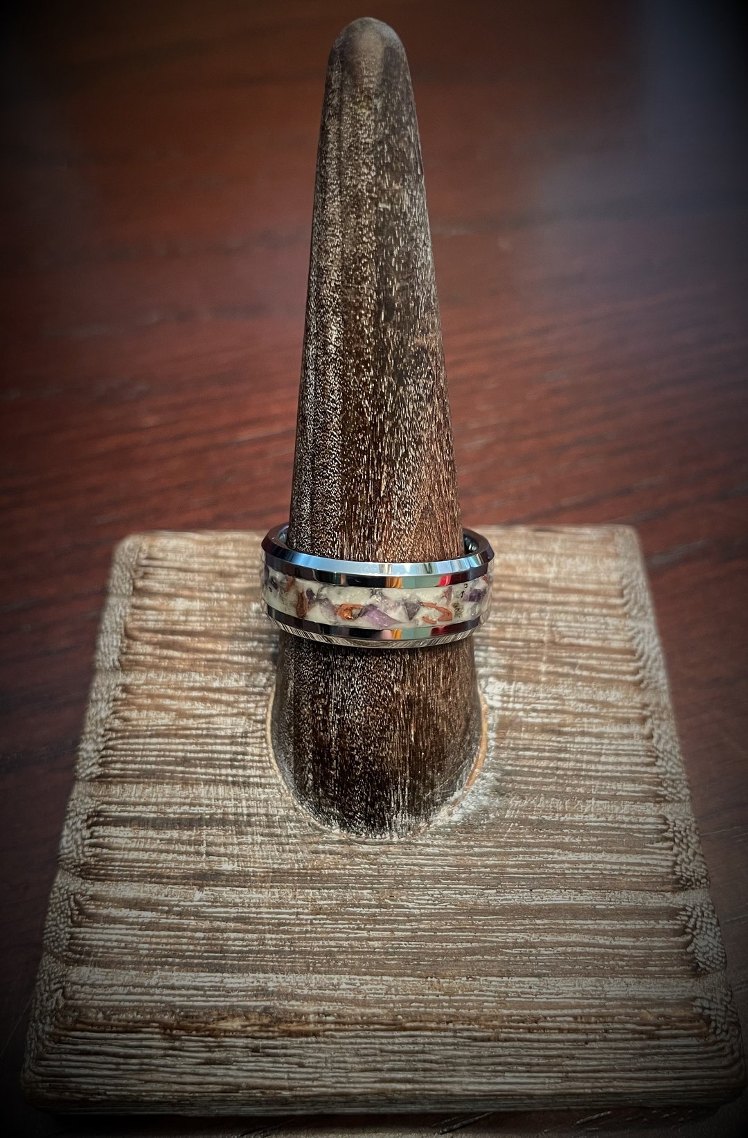 Custom Tungsten Ring With Amethyst Stone, Copper Shavings and White ...