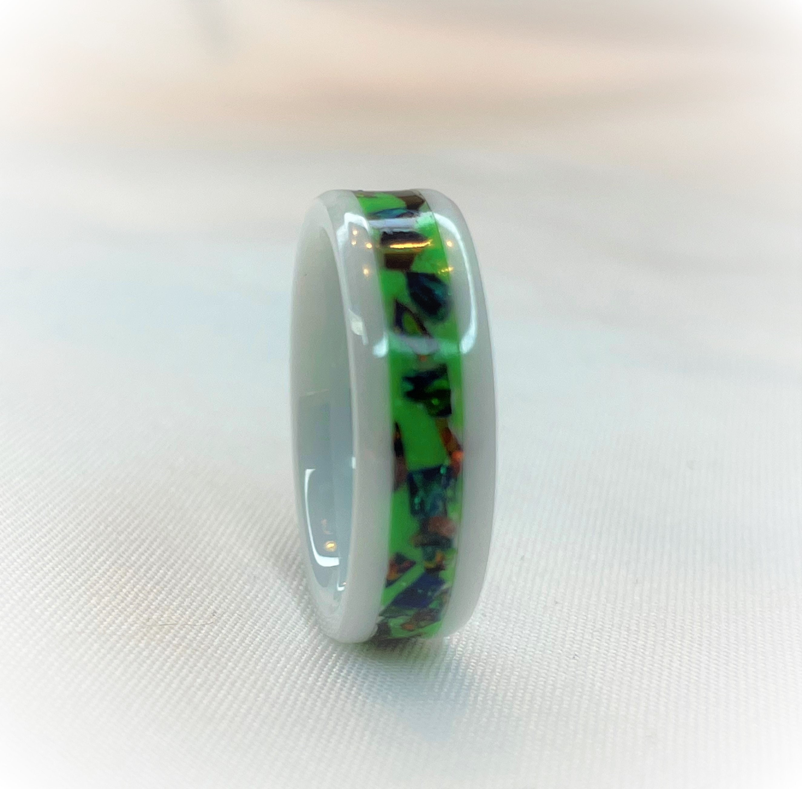 Custom White Ceramic Ring With a Green Inlay Powder That Includes a ...