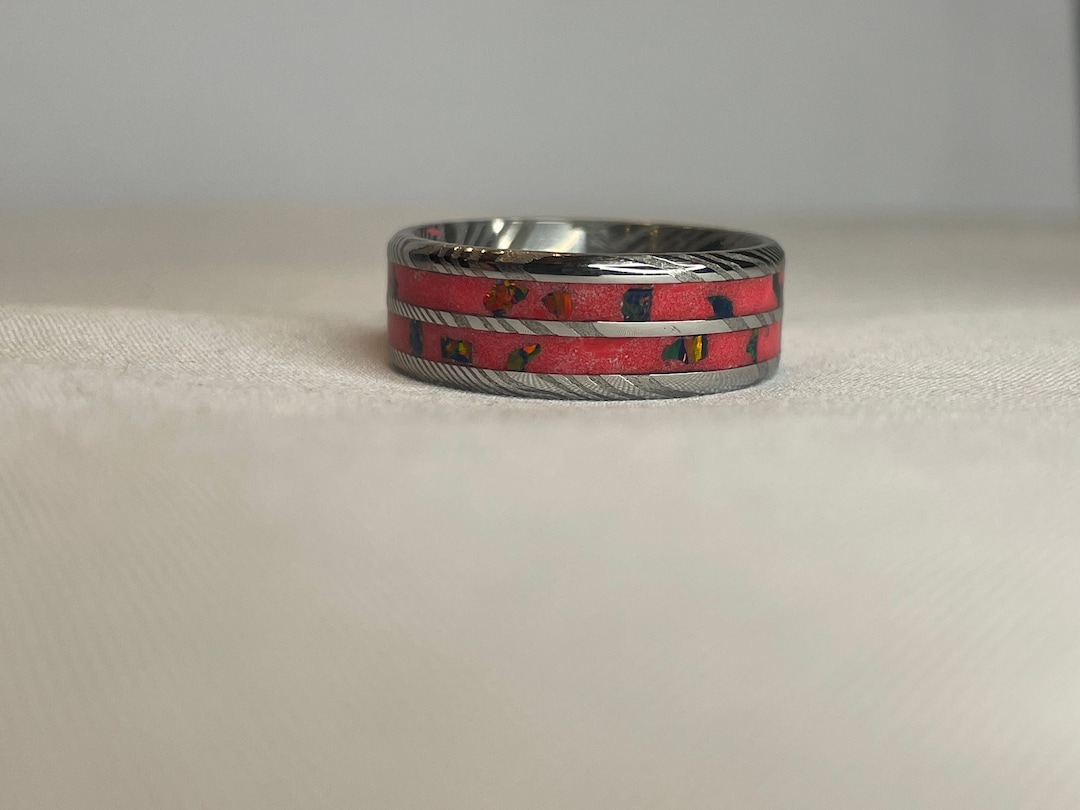 Custom Damascus Double Inlay Ring With Black Opal and Red Inlay Powder ...