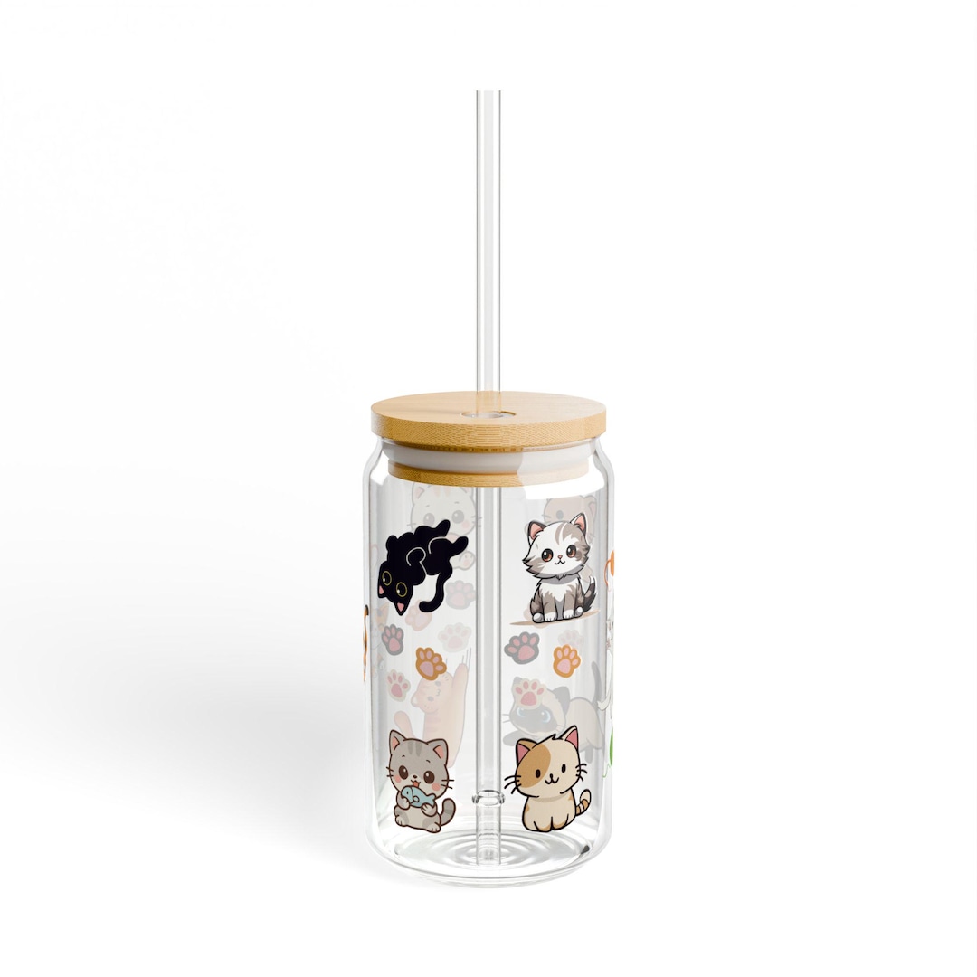 Cute Kawaii Cats Sipper Glass 16oz | Cat Paw Pattern - Etsy