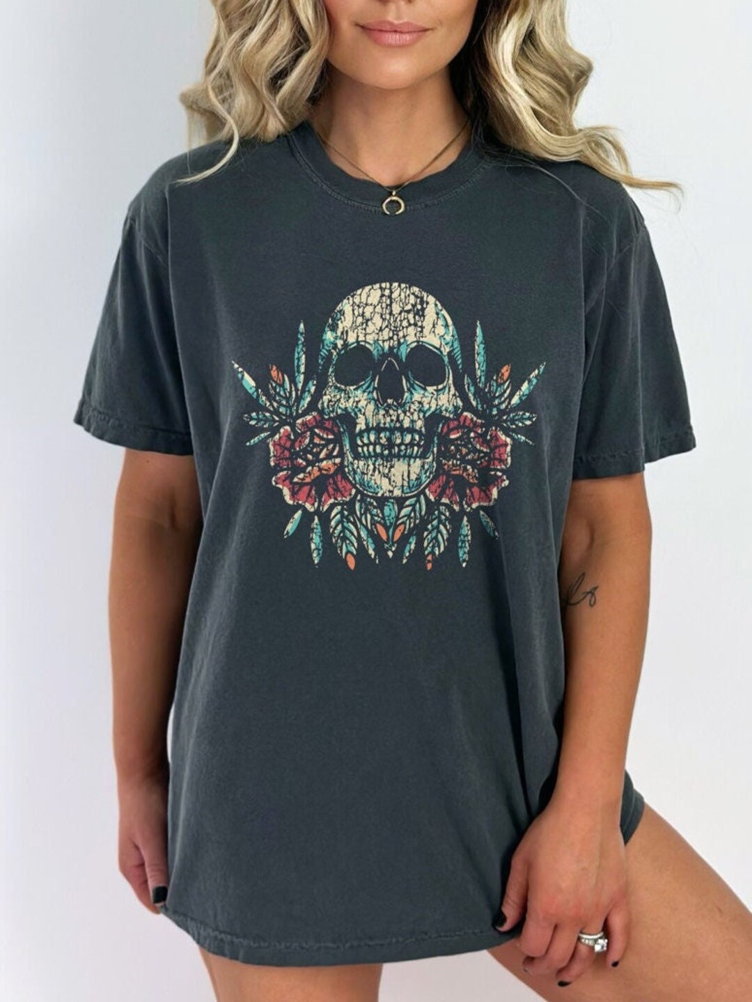 Rock and Roll Distressed Skull and Roses Shirt | Vintage Oversized ...