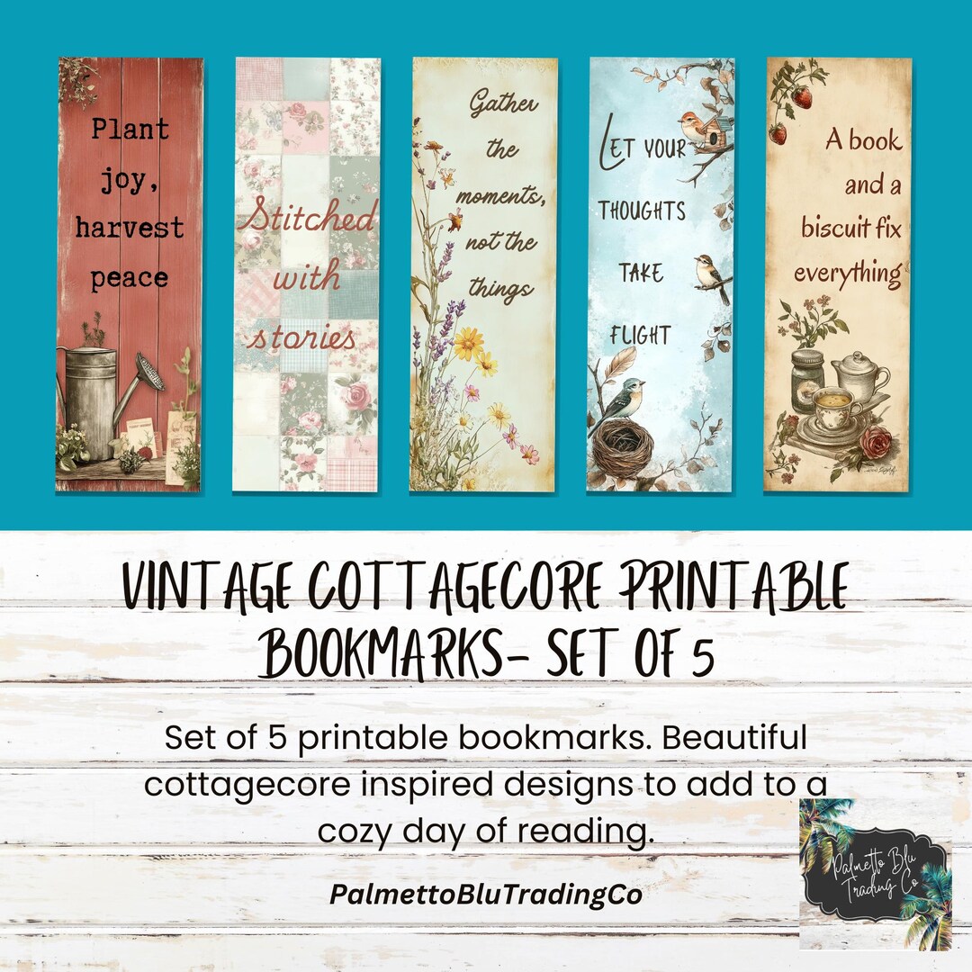 Printable Cottagecore Bookmarks Set of 5, Vintage Inspired Bookmarks ...