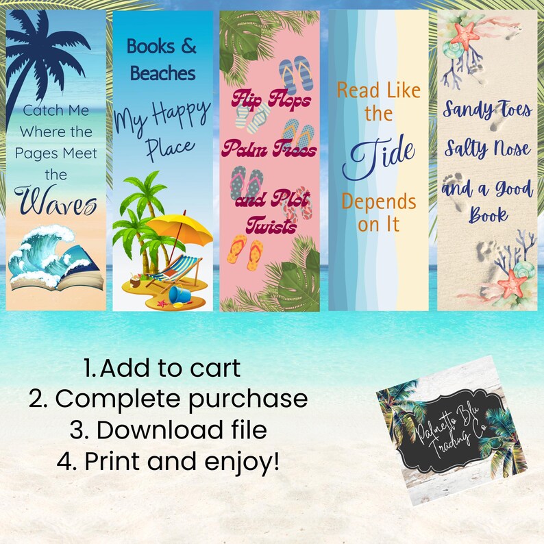 Fun Beachy Printable Bookmarks, Printable Beach Bookmarks Set of 5, Fun ...