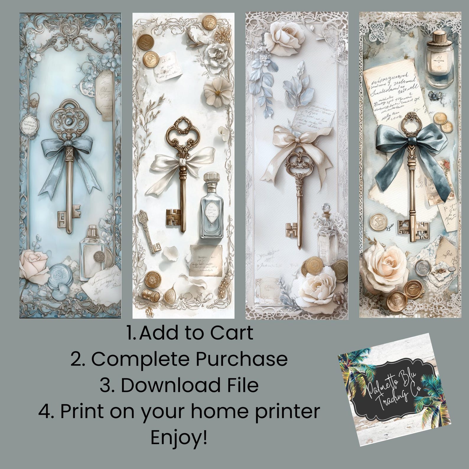 Victorian Key Bookmarks, Elegant Blue Ribbon, Vintage Style (PDF) - Etsy