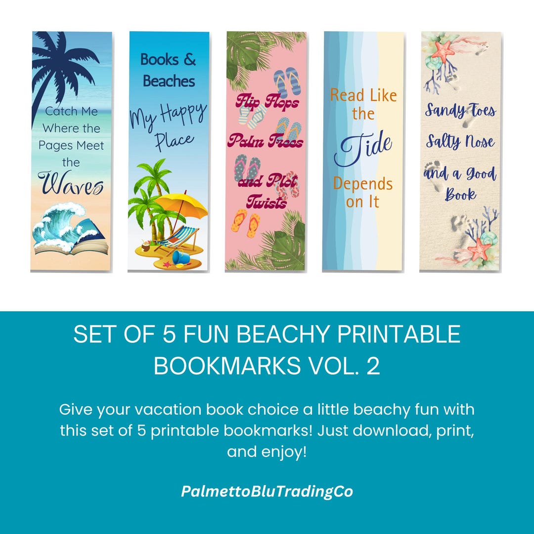 Fun Beachy Printable Bookmarks, Printable Beach Bookmarks Set of 5, Fun ...