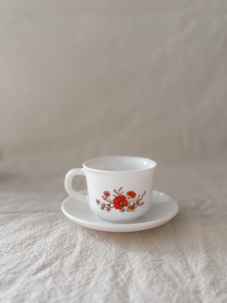 Vintage Red Poppy Teacup Set, 1980s White Milk Glass Tea Cups and ...