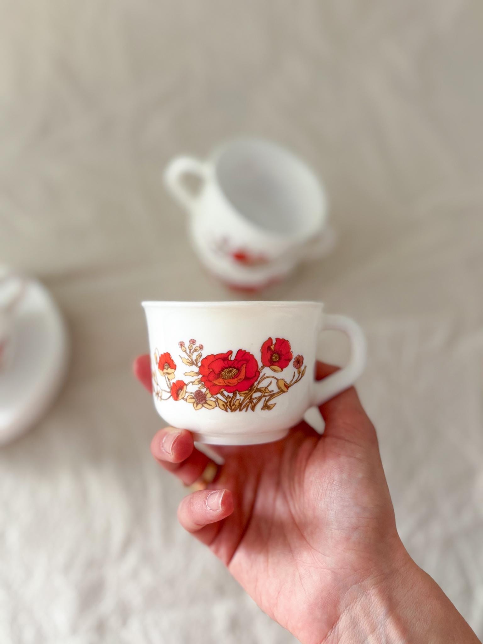 Vintage Red Poppy Teacup Set, 1980s White Milk Glass Tea Cups and ...